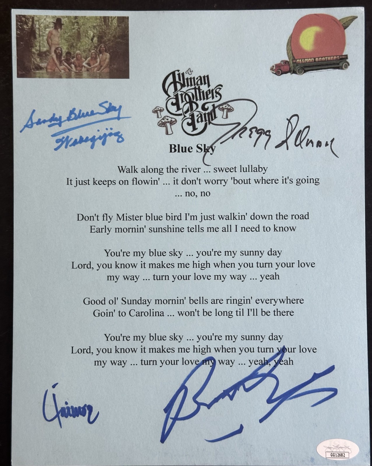 Allman Brothers Signed Blue Sky Lyrics Gregg Butch Jaimoe Sandy Blue ...