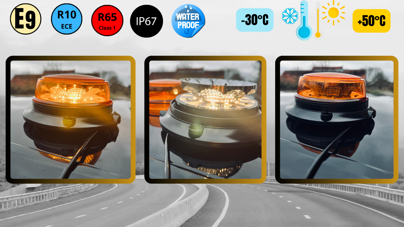 LED Rundumleuchte 4 Blitzmuster 12V 24V ECE R65 R10 E9 Magnet f. PKW ...