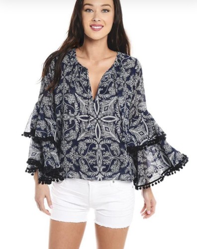 MISA Los Angeles Maya Bell Sleeve Peasant Top Blue/White Sz M | eBay
