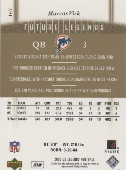 2006 UD Legends Marcus Vick #167 for sale | eBay