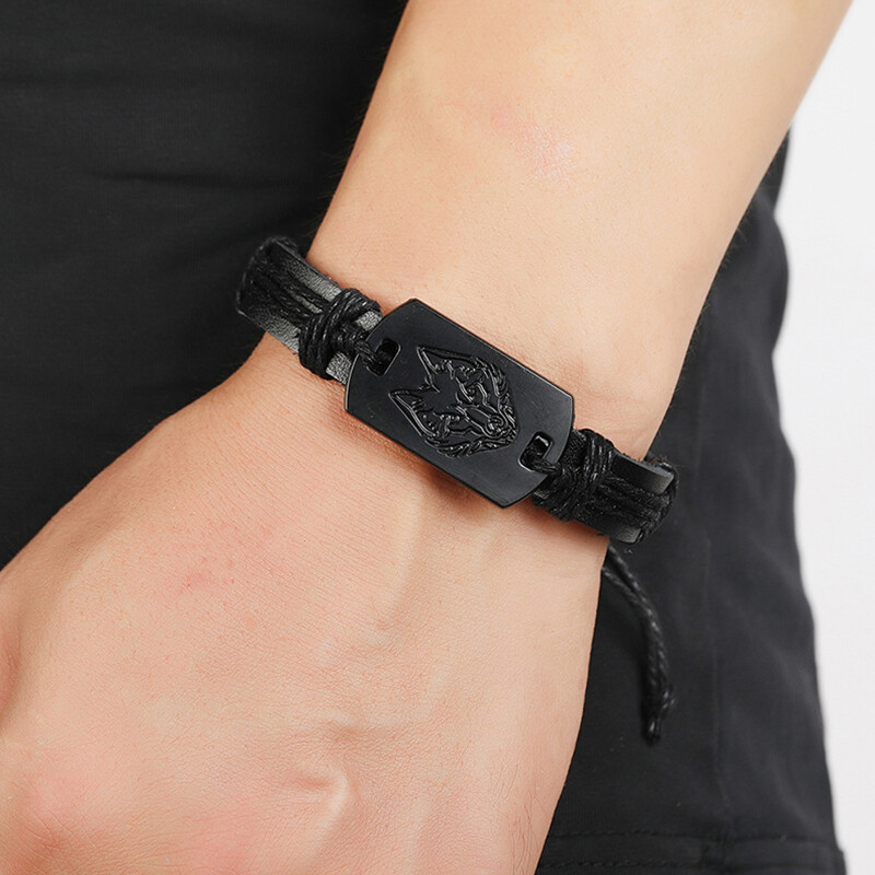 NEW Mens Leather Wolf Head Woven Bracelet Wristband For Men Black | eBay