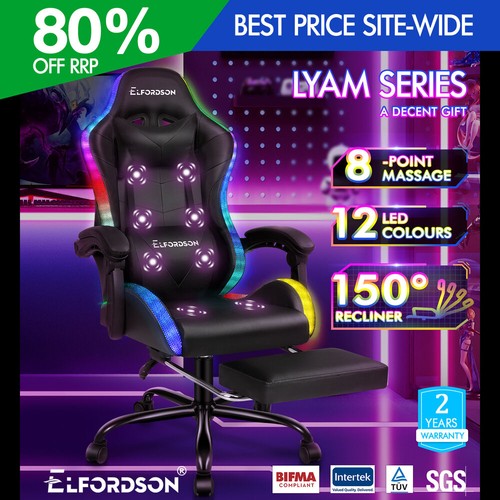ELFORDSON Gaming Chair Massage RGB LED Recliner Swivel Footrest ...
