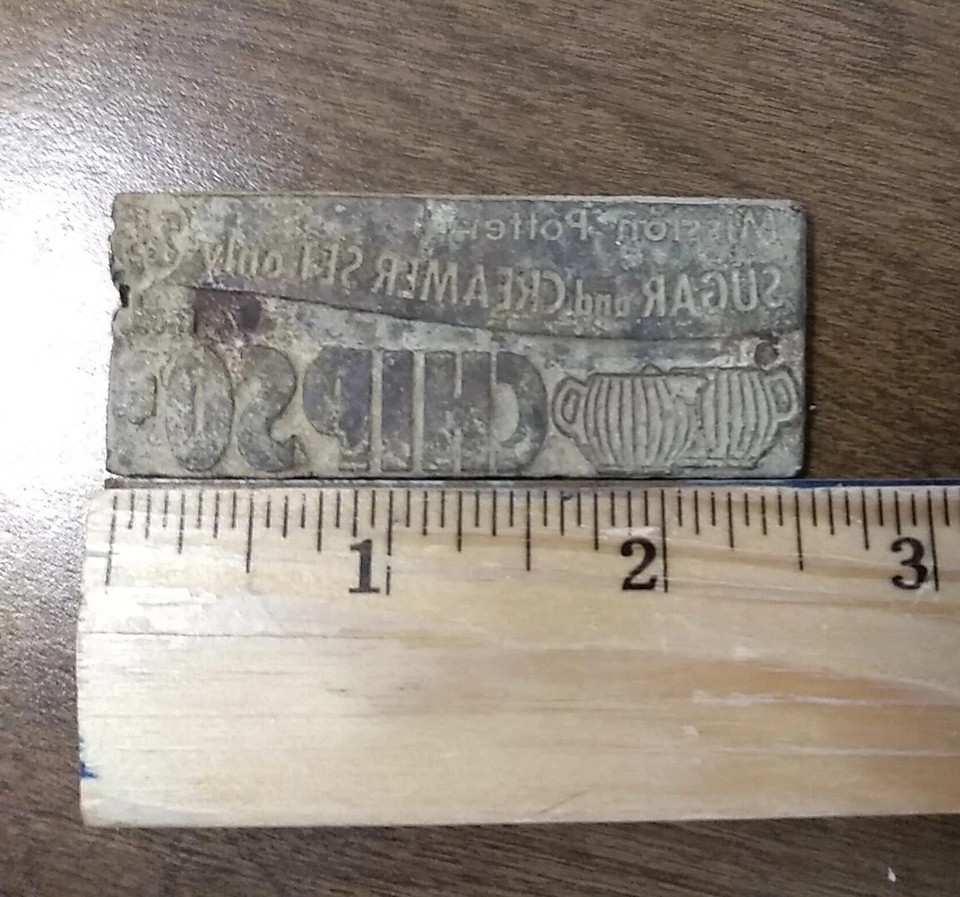 old metal printing block vintage CHIPSO sugar & creamer set label maker ...