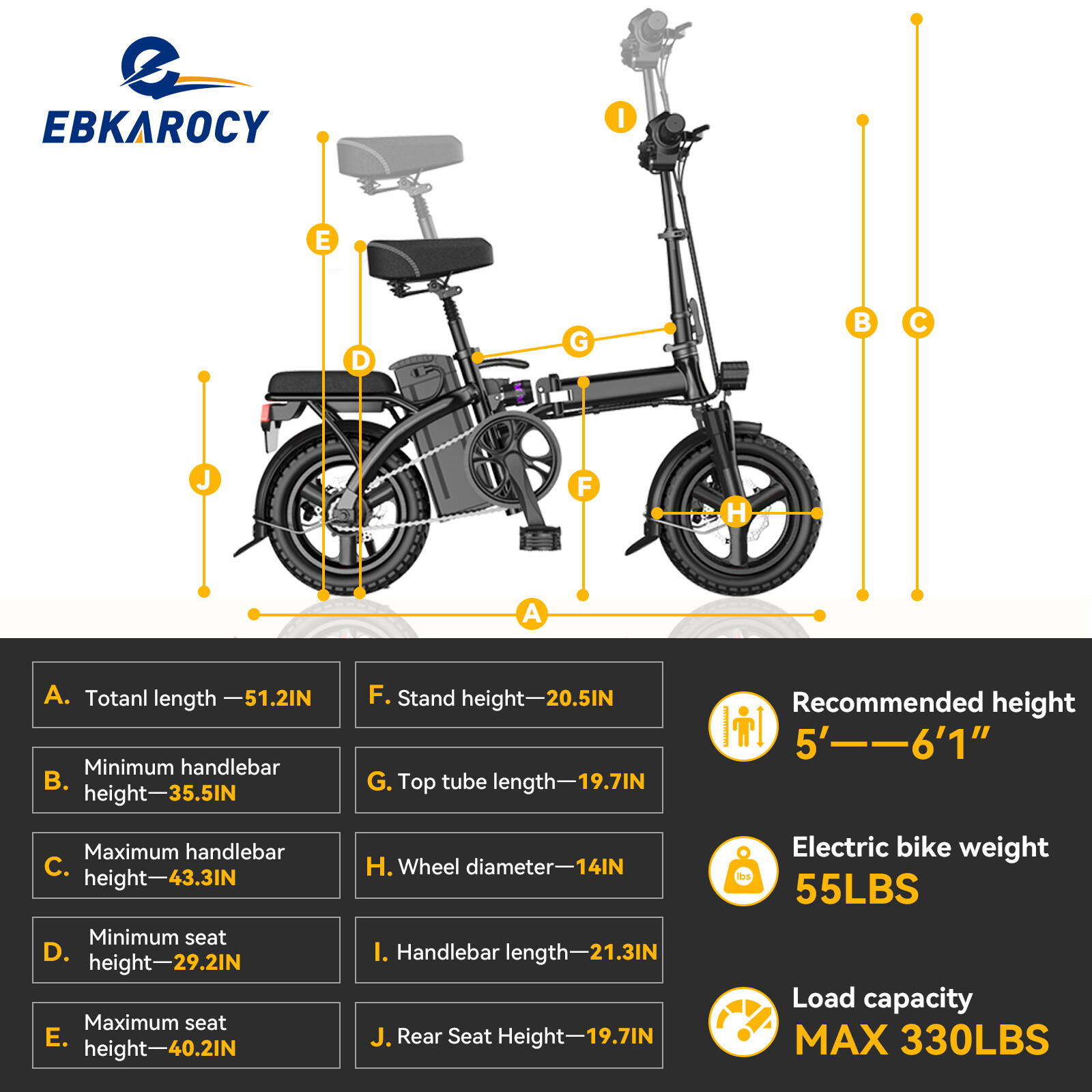 EBKAROCY Electric Bike 14" 400W 15Ah City Beach Bicycle Folding E-Bike ...