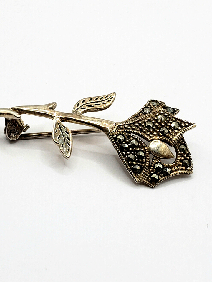 Lovely Vintage 925 Sterling Silver Marcasite Flower Design Brooch Pin ...