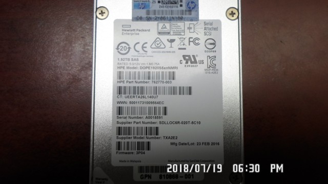 HP 762770-003 810868-001 Dope1920s5xnnmri 1.92tb SAS 6g MLC SFF SSD No ...
