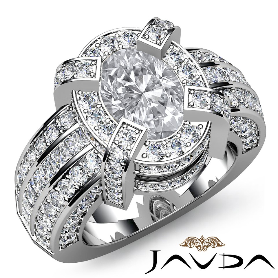 3 Row Channel Set Pave Halo Oval Diamond Engagement Ring GIA H Color ...