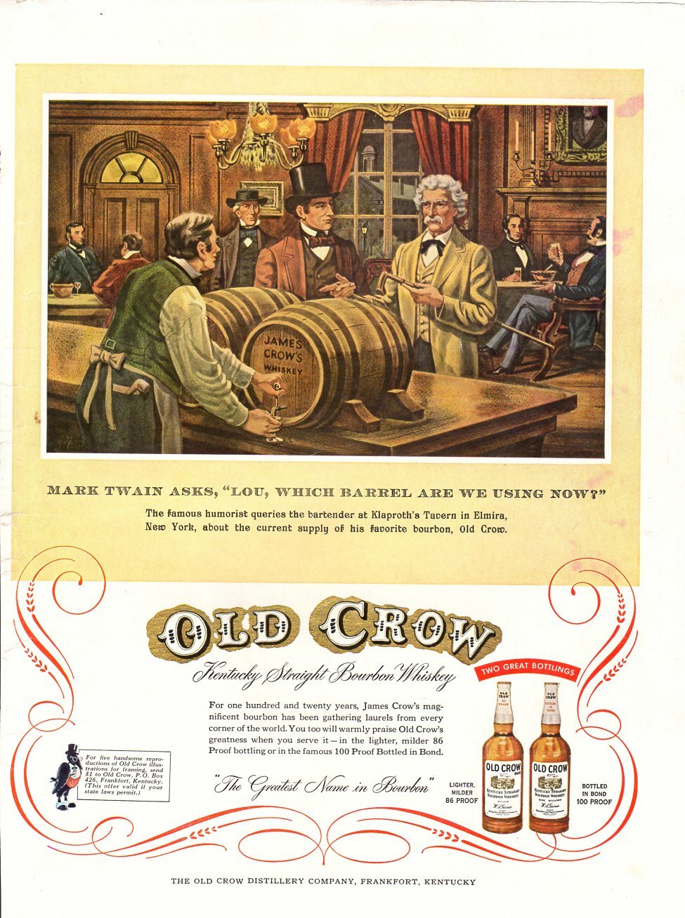 Vintage advertising print Alcohol Old Crow Mark Twain Elmira NY ...
