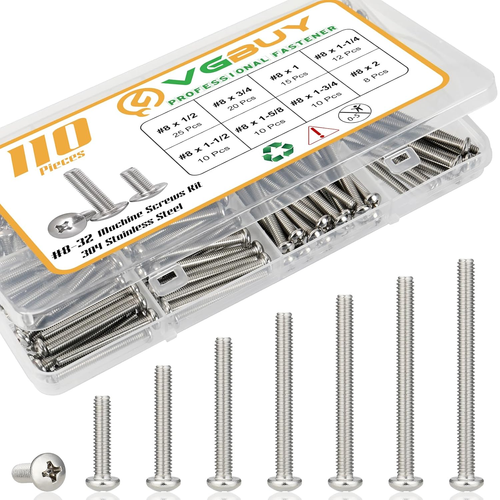 110Pcs Machine Screws Assortment Kit,Assorted 1/2 to 2 Inch Long # 8-32 ...