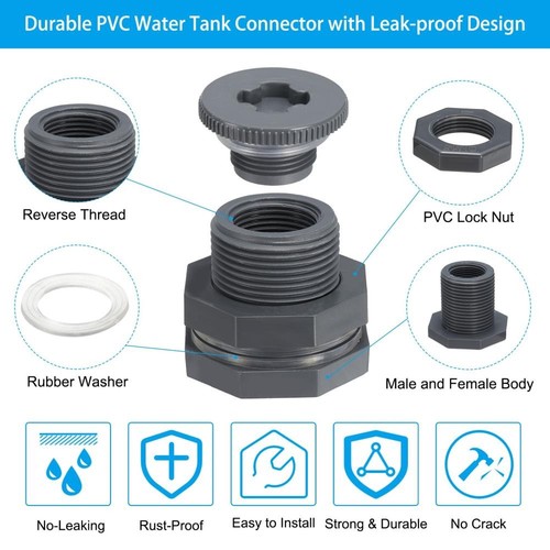 2Pcs PVC Bulkhead Fitting with Cap NPT 3/4" Water Tank Connector Gray ...