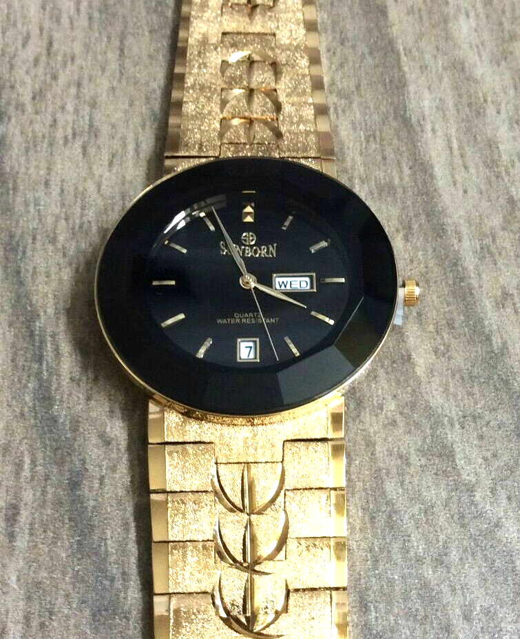 SUNBORN Men's Gold Dress Watch Black Round Day & Date Dial Brand New ...