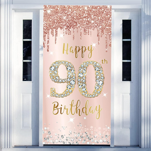 90Th Birthday Door Banner Decorations for Women, Pink Rose Gold Happy ...