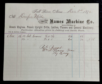 1872 Billhead Fall River Mass Hawes Machine Co mfg steam engines #b7 | eBay