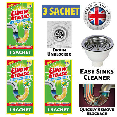 3X Drain Away Elbow Grease Unblocker Cleaner Cleaning Bathroom Shower ...