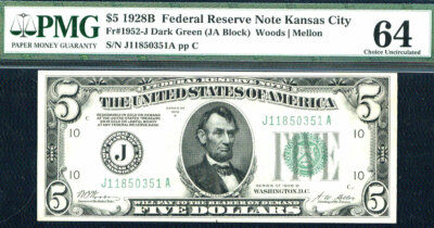 1928A $5 FRN-FR 1952-J-KANSAS CITY- PMG 64 | eBay