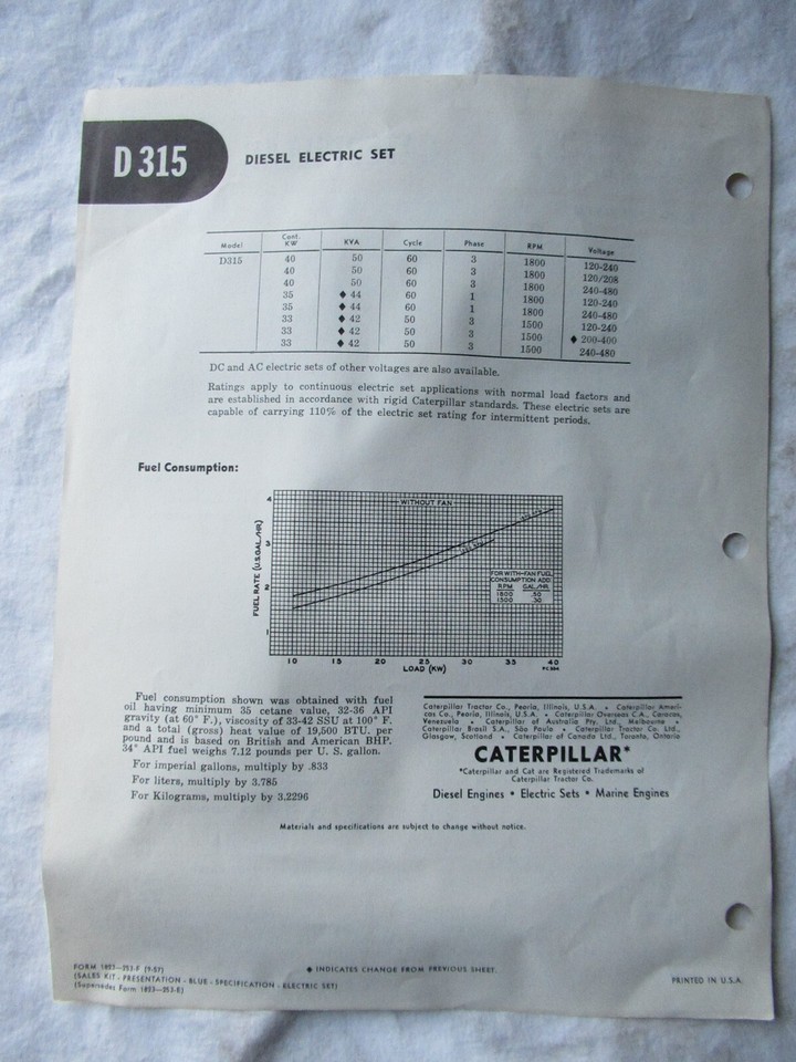 CAT Caterpillar D315 Diesel Electric Set Engine Specification Sheet ...