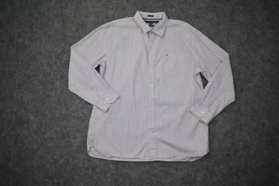 Tommy Hilfiger Shirt 2XL Blue Red Striped Button Up Flag Logo Long ...