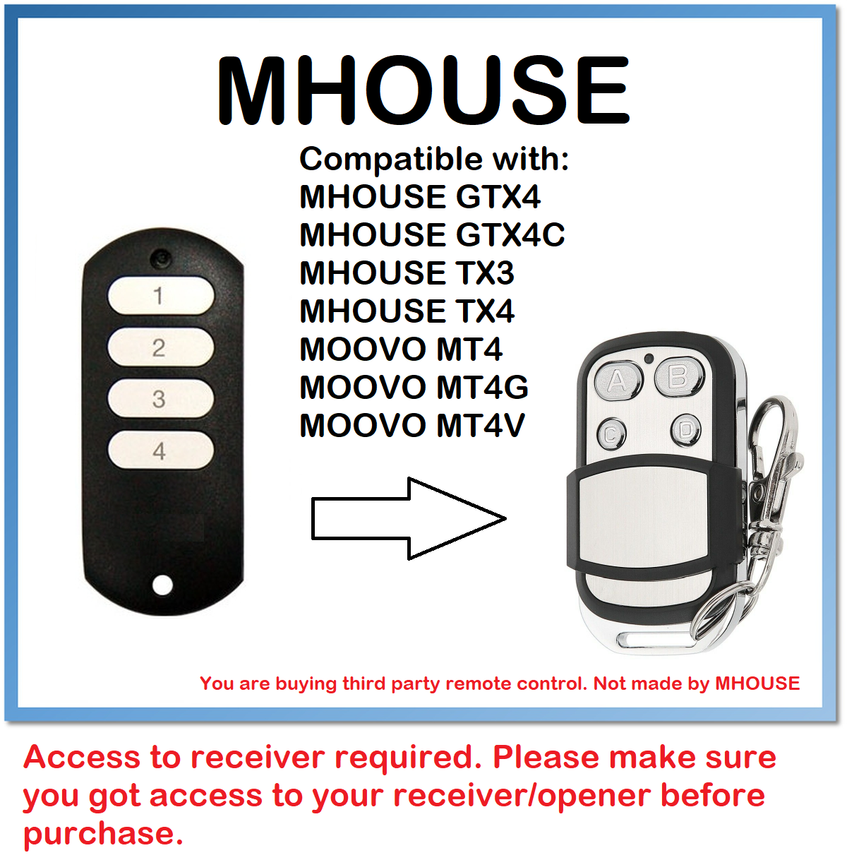 MHOUSE GTX4, GTX4C, TX3, TX4 Compatible Remote Control Rolling code 433 ...