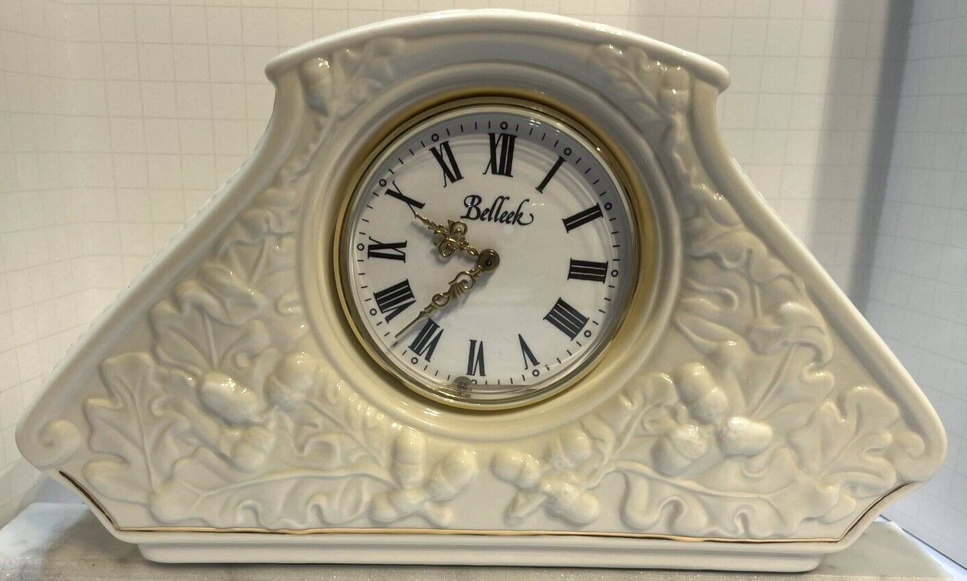 BELLEEK Ireland Porcelain Mantel Clock "Oak Leaf" 9th Blue VTG repair ...