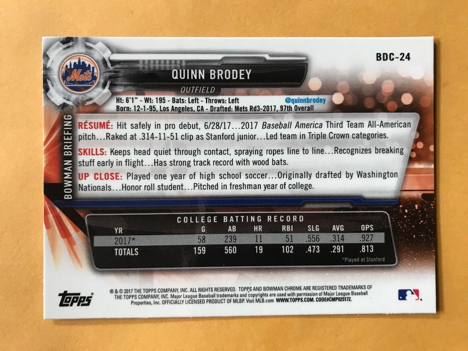 2017 Bowman Chrome Draft QUINN BRODEY 1st Bowman Card New York METS # ...