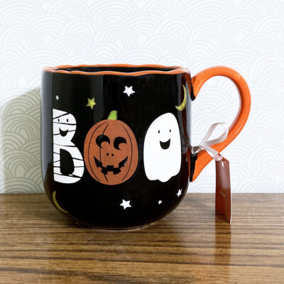 Halloween Coffee Mug BOO Large 19 oz Hand Painted Black Ghost Mummy ...