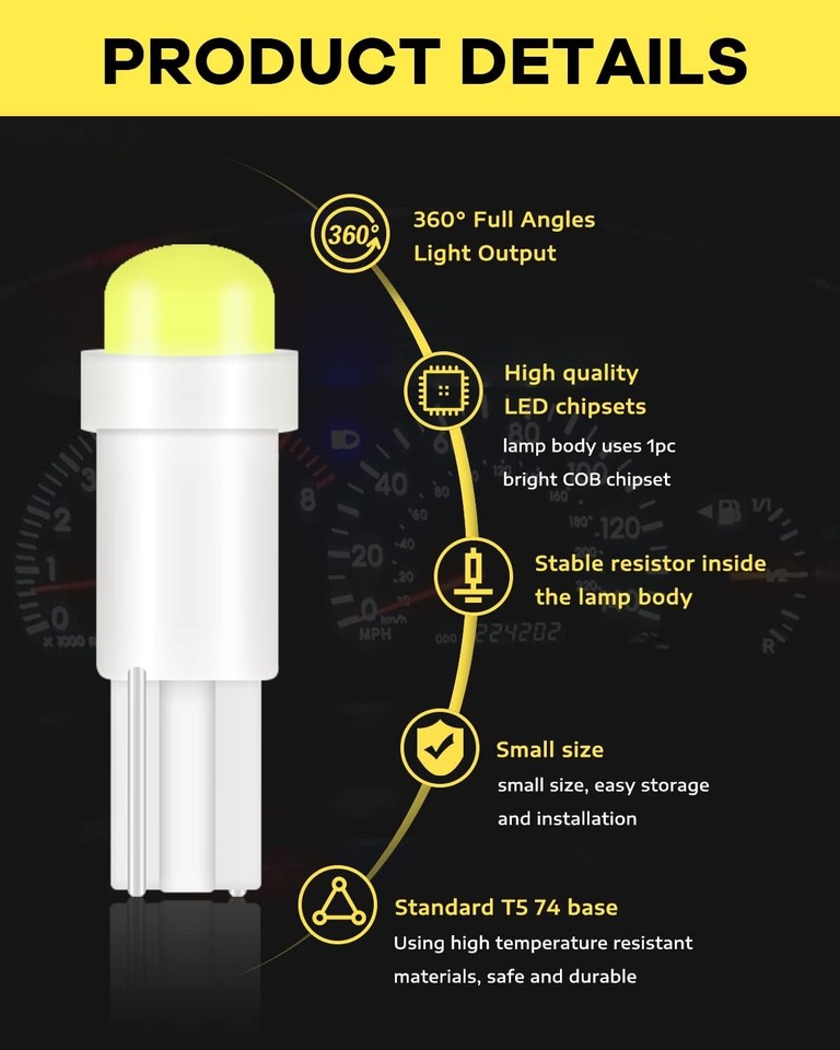 10pcs T5 LED Bulbs Bright White 74 Bulb for 74 73 37ll 2721 2723 Car ...