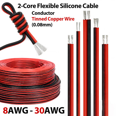 Twin 2-Core Flexible Silicone Cable 8/10/12/14/16/18/20/24/26AWG Wire ...