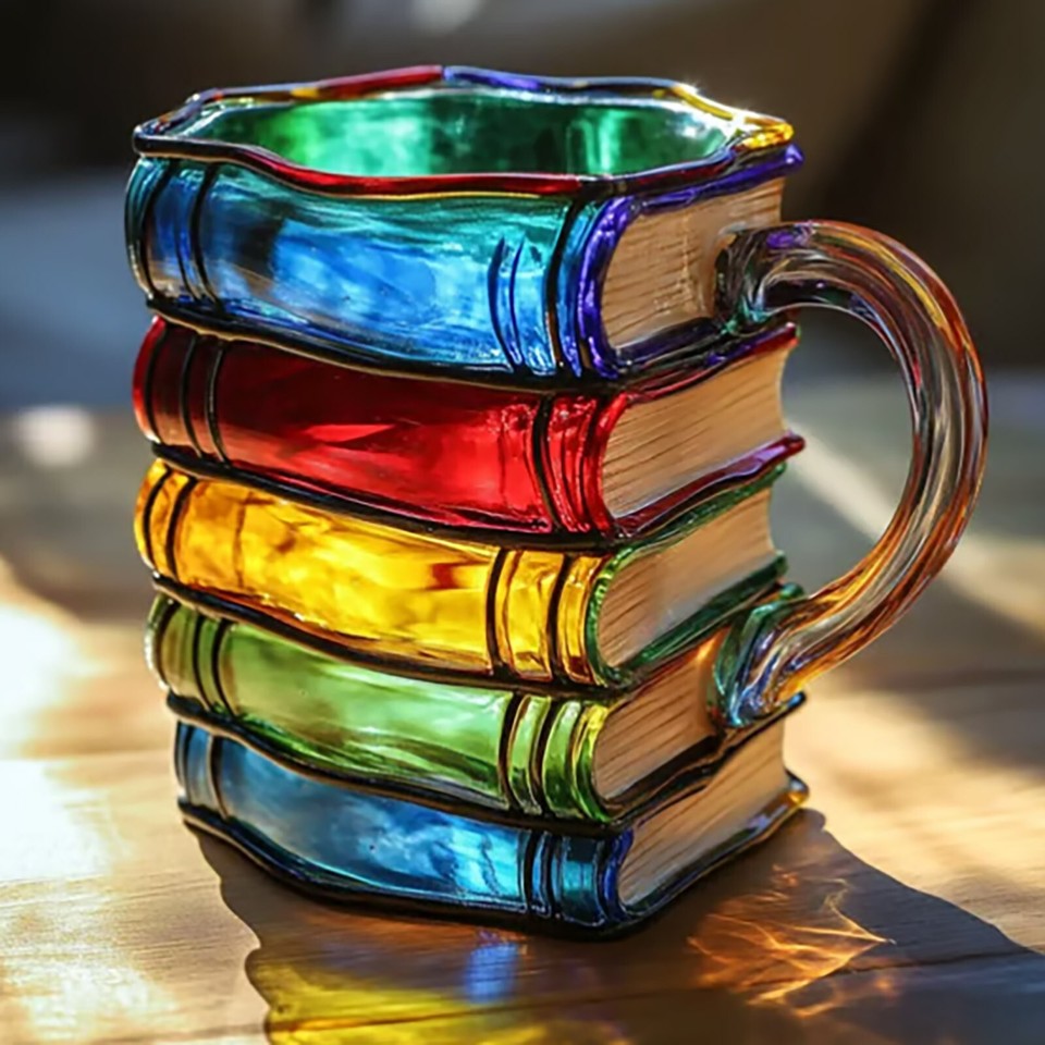 Painted Book Mug, 3D Painted Book Unique Books Stack Coffee Mug ...