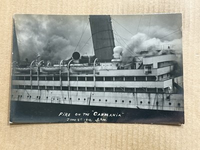Postcard RPPC Ship RMS Carmania Cunard Steamer Ocean Liner Fire Smoke ...