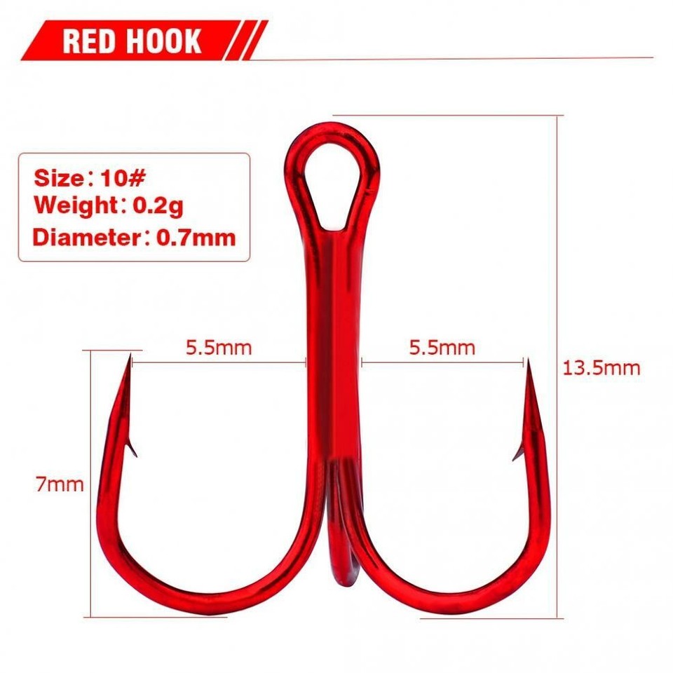 100PCS Red Treble Hooks High Carbon Steel Sharp &Round Bend Size #2-#12 ...