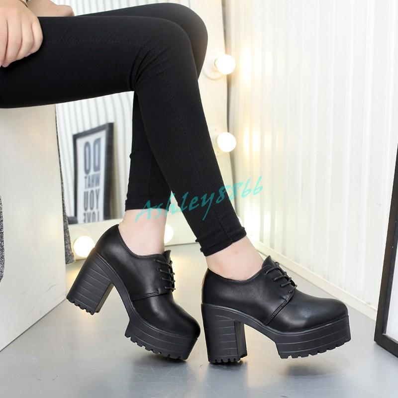 Vintage Retro Womens Shoes Lace Up High Platform Chunky Heels Low Top ...