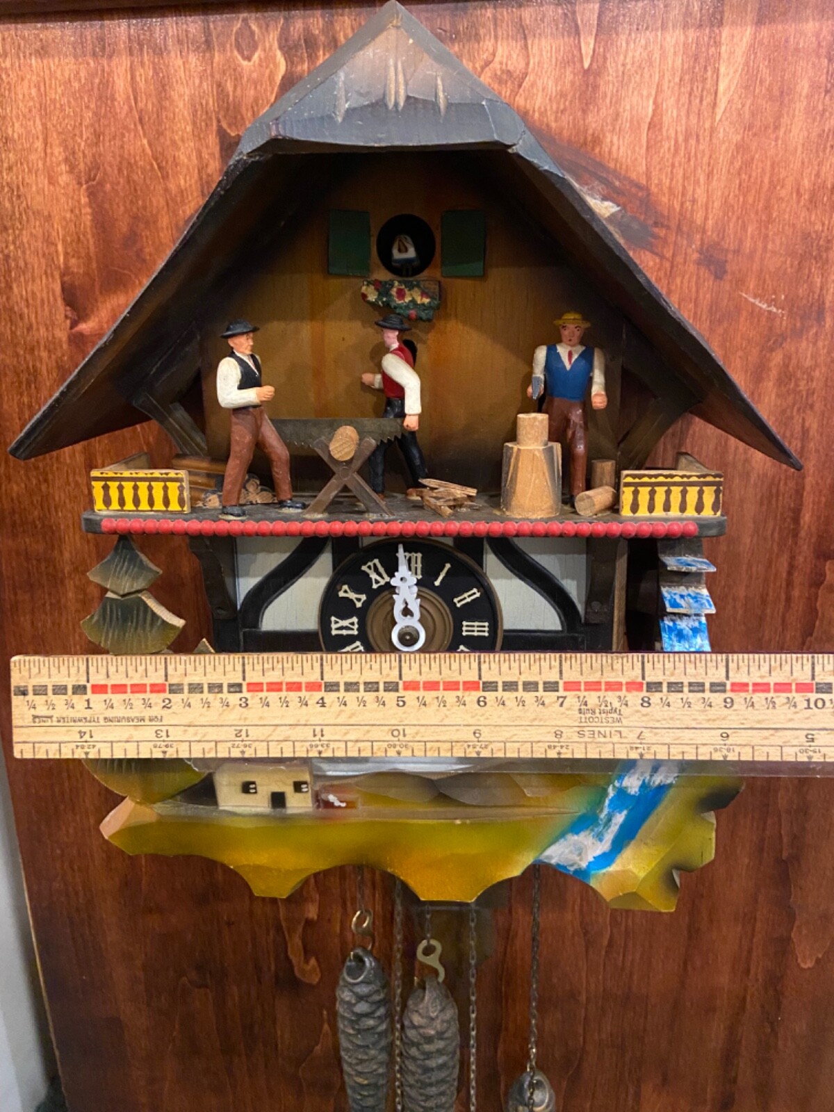 Vintage GERMAN MUSICAL Cuckoo Clock with Men Chopping. Sawing/ Water ...