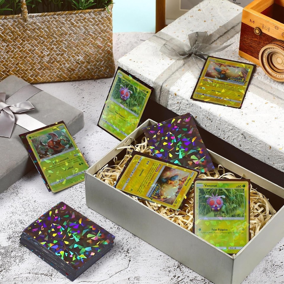 200 Pcs Holographic Card Sleeves Laser Flashing Black Trading Card ...