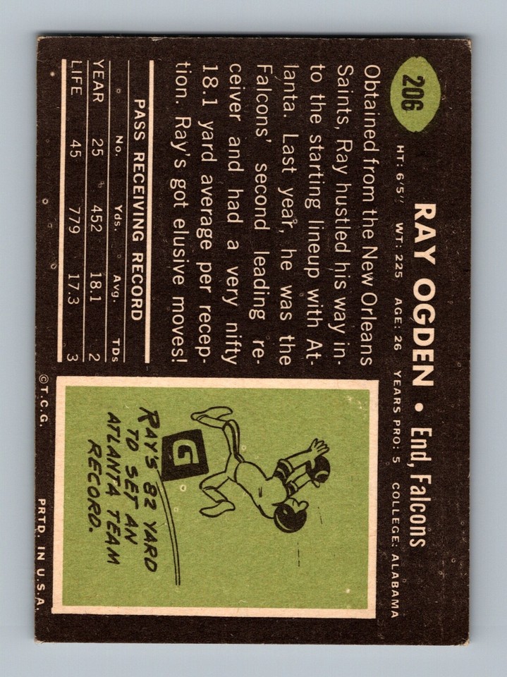 1969 Topps #206 Ray Ogden GD-VG Vintage Football Card | eBay