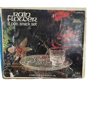 Vintage Anchor Hocking Glass Rainflower 8 Pc Snack Plates and cups set ...