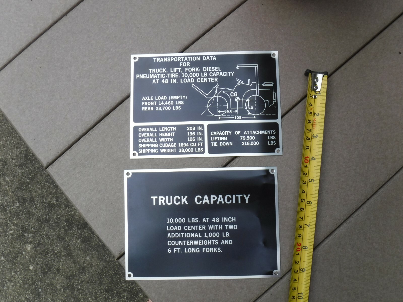 MILITARY FORK LIFT DATA PLATES SET ID TAG 10,000 LB CAPACITY PNEUMATIC ...