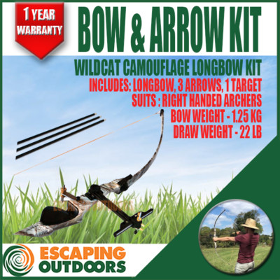 BOW AND ARROW SET Archery Long Bow 22 lb Free arrow kit Target hunting ...