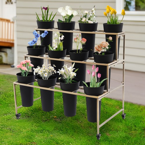 3-Tier Metal Flower Display Stand Movable Plant Stand with 12 Buckets 1 ...