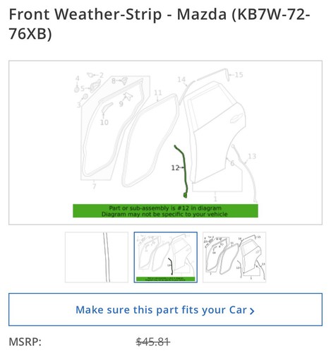 2017-2024 Mazda CX-5 RH Right Door Shell Seal Weatherstrip KB7W-72-76XB ...