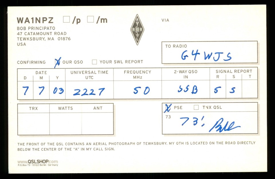 1 x QSL Card Radio USA WA1NPZ Tewksbury MA 2003 Bob Principato ≠ V914 ...