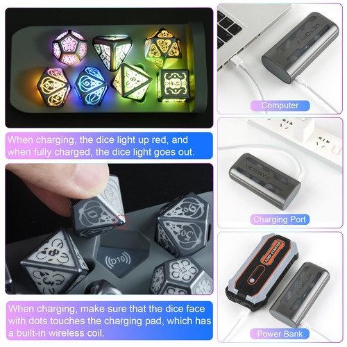 7pcs LED DND Dice Set Icebound Thorn‌ Black Polyhedral Die Dungeons ...