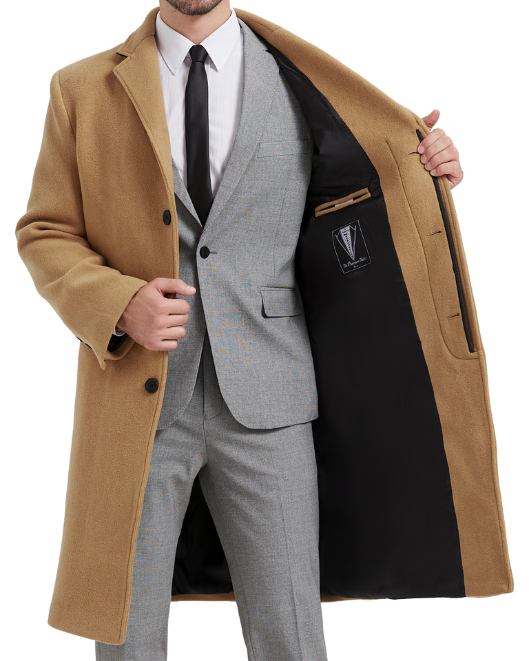 Mens Camel Wool Cashmere Bond Overcoat Long Winter Coat Covert Jacket ...