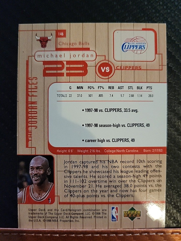 Michael Jordan 1998-99 Upper Deck The Jordan Files The Clippers #146 ...