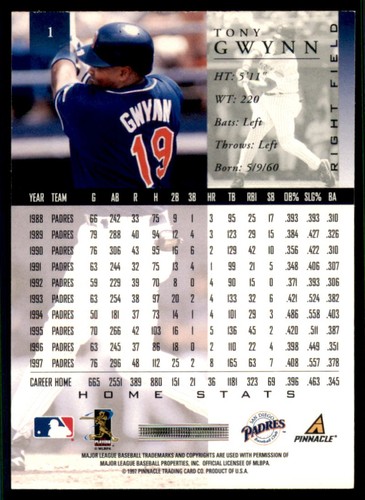 1998 Pinnacle #1 Tony Gwynn San Diego Padres | eBay