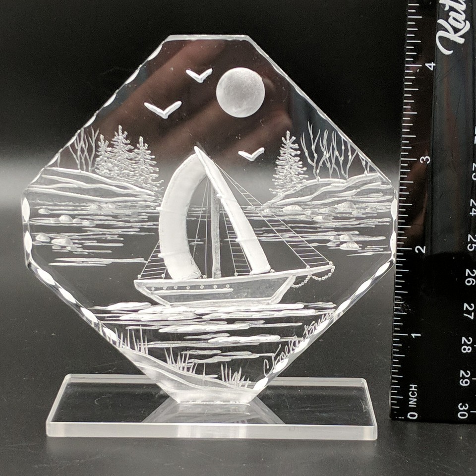 Cindy Folkertsma Acrylic Reverse Carving Sailboat Schooner Birds Sun ...