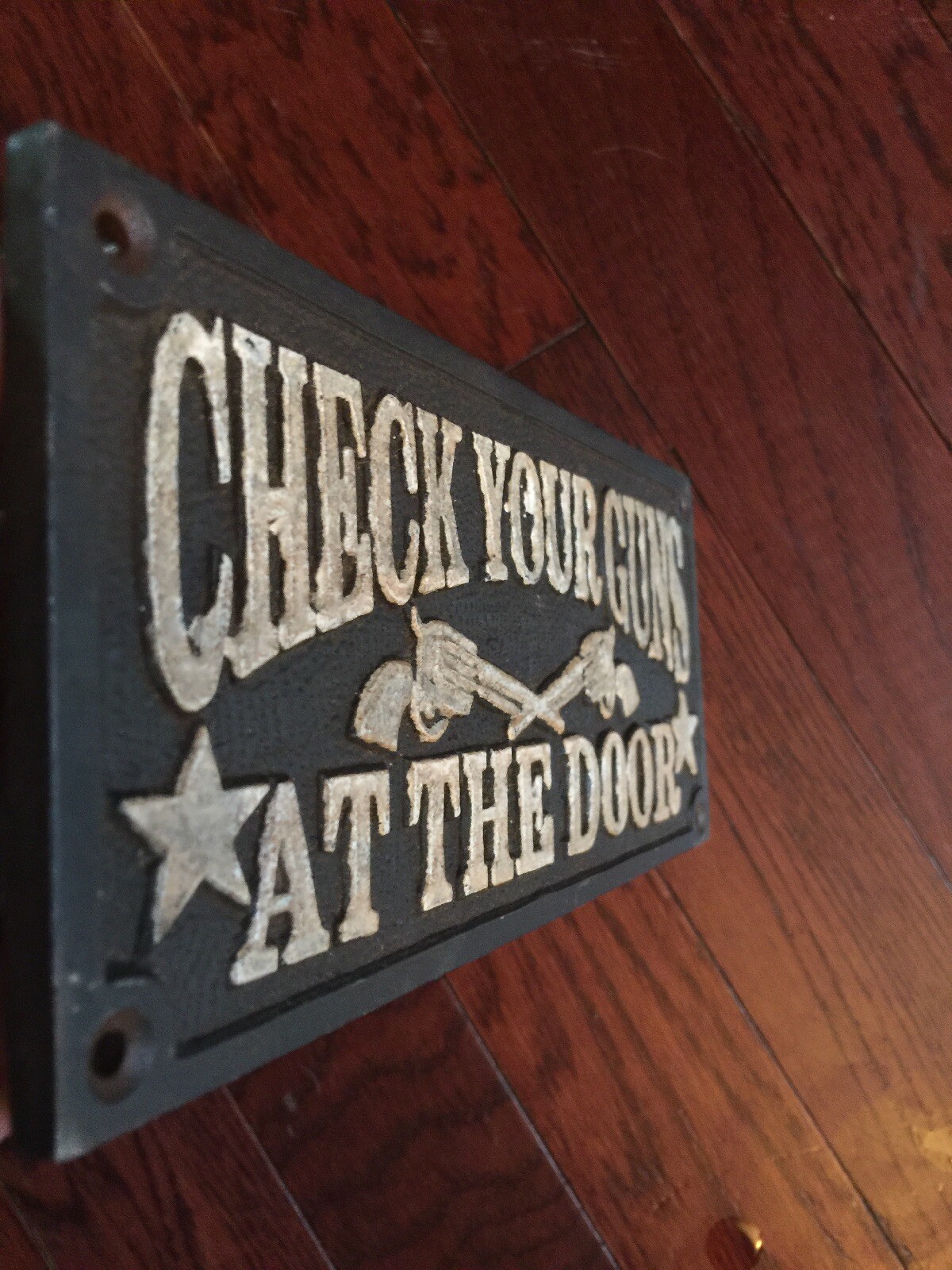 Cast Iron CHECK YOUR GUNS AT THE DOOR Sign Plaque 1/4” METAL Wild West ...