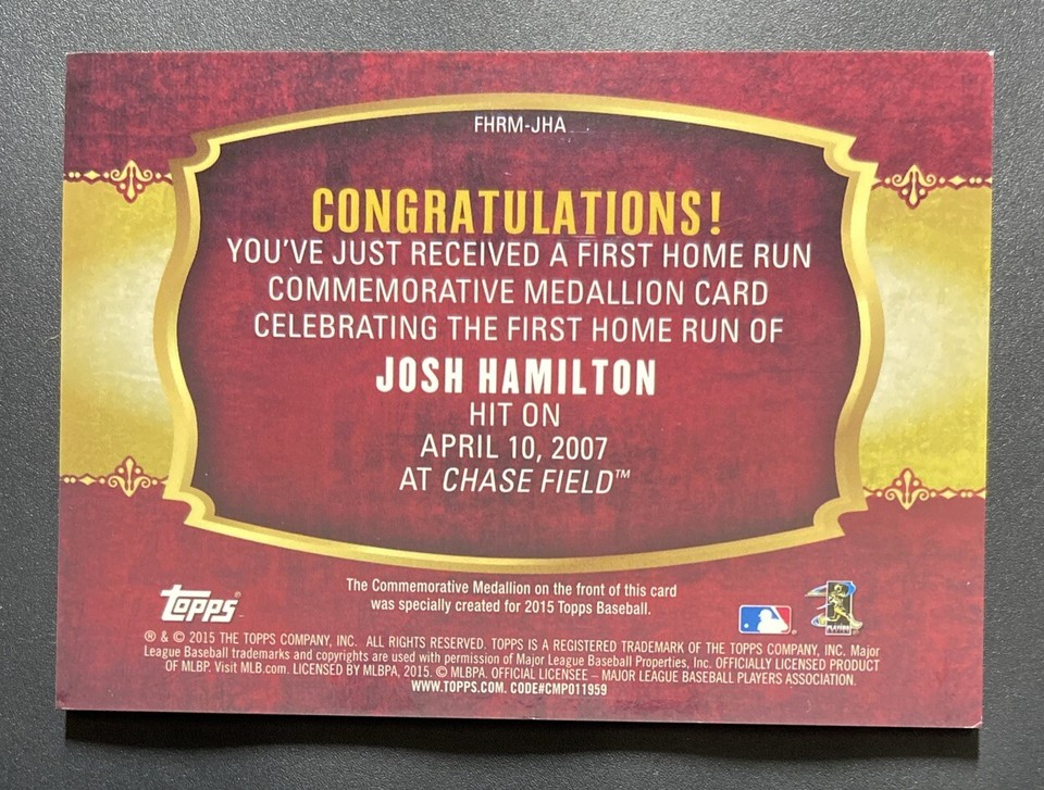 2015 Topps JOSH HAMILTON First 1st Home Run Gold Medallion Coin FHRM ...