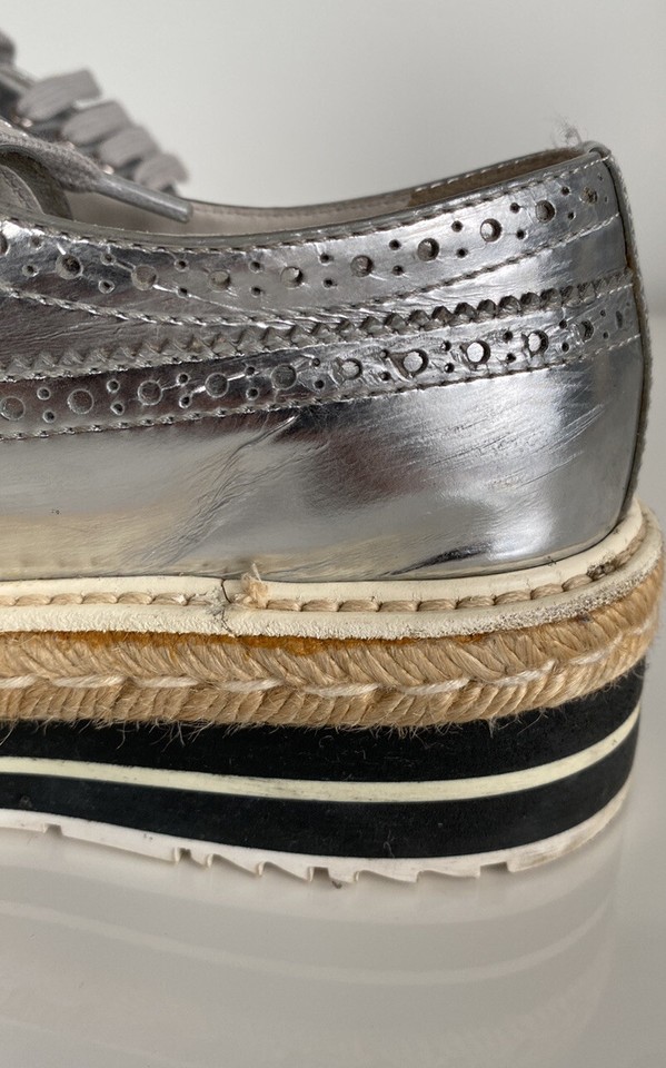 PRADA SS 2011 Silver Leather Brogues Derby Espadrille Creeper Sz 37/US ...