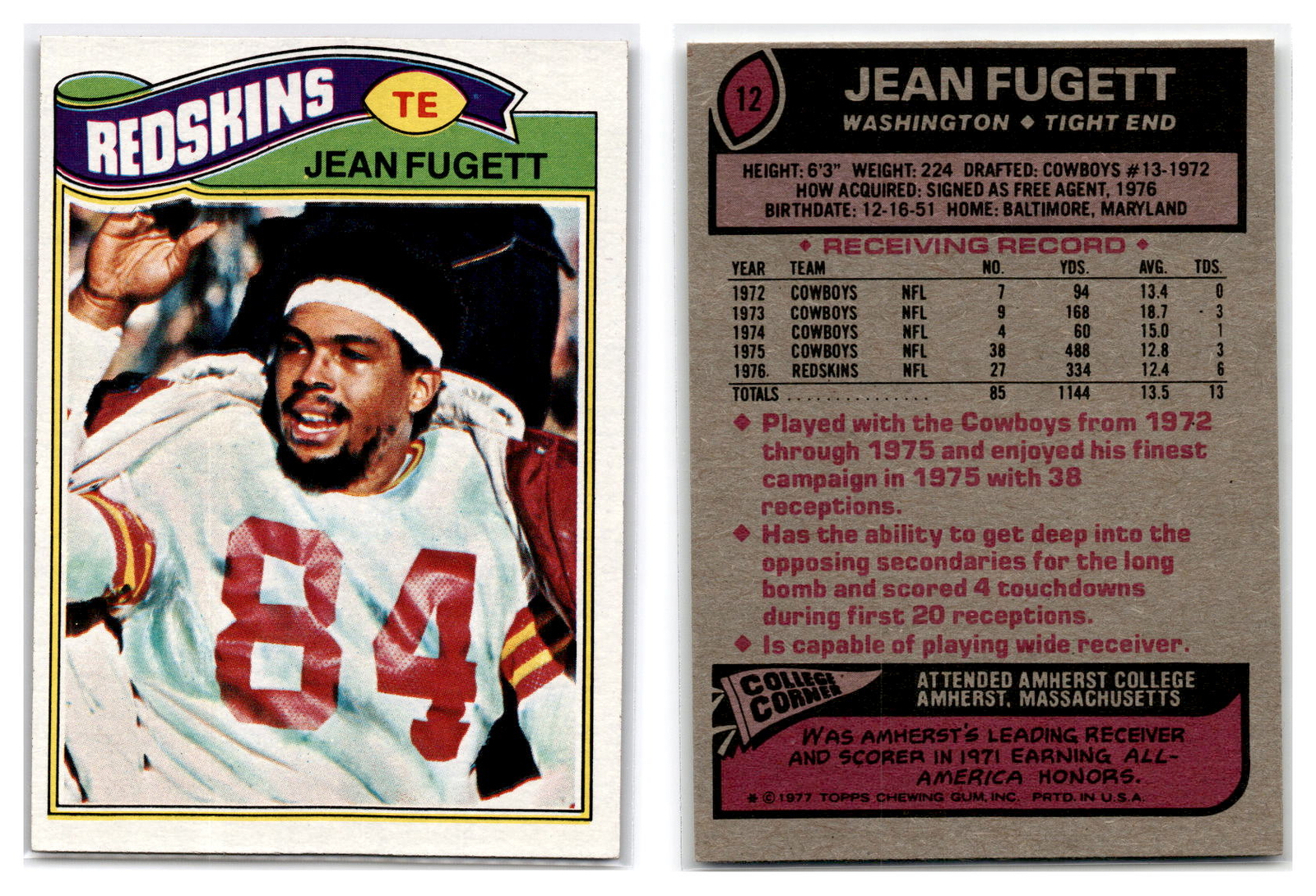 1977 Topps #12 Jean Fugett EXMT/NM - Washington Redskins | eBay