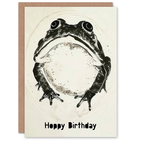 Birthday Greeting Card Grumpy Frog Black White Hoppy Pun Ink Drawing ...